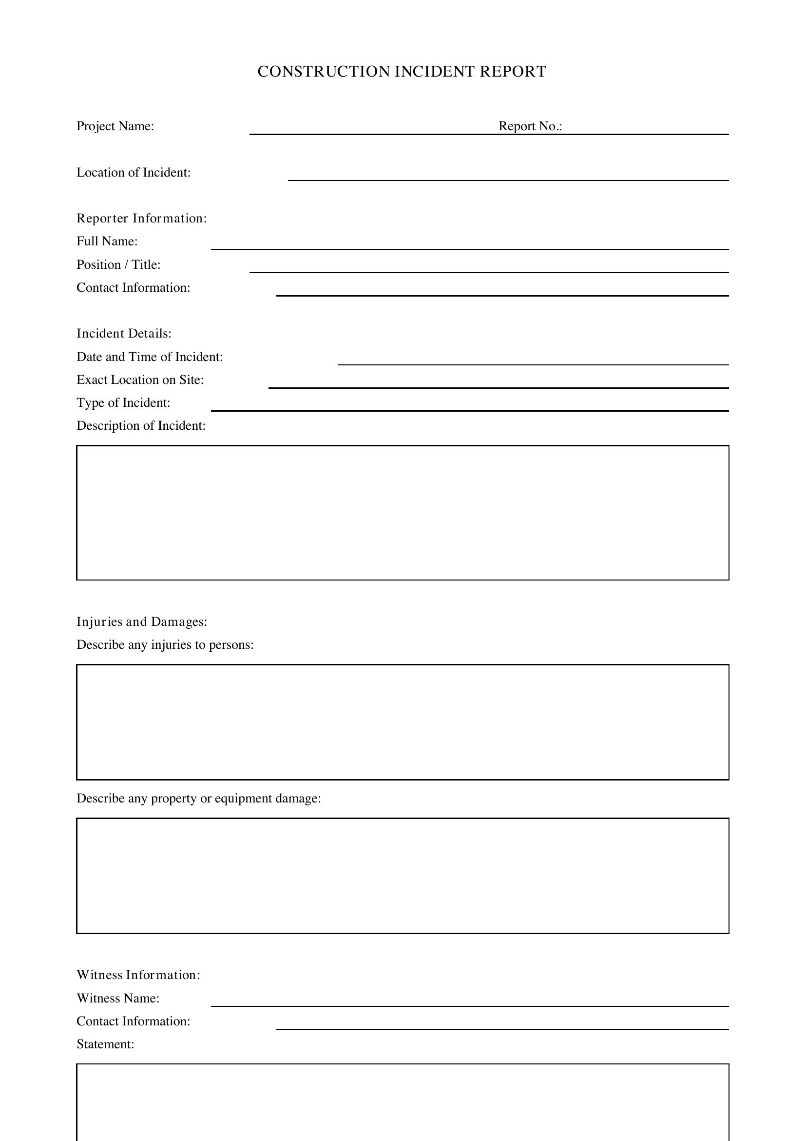 Construction Incident Report Template