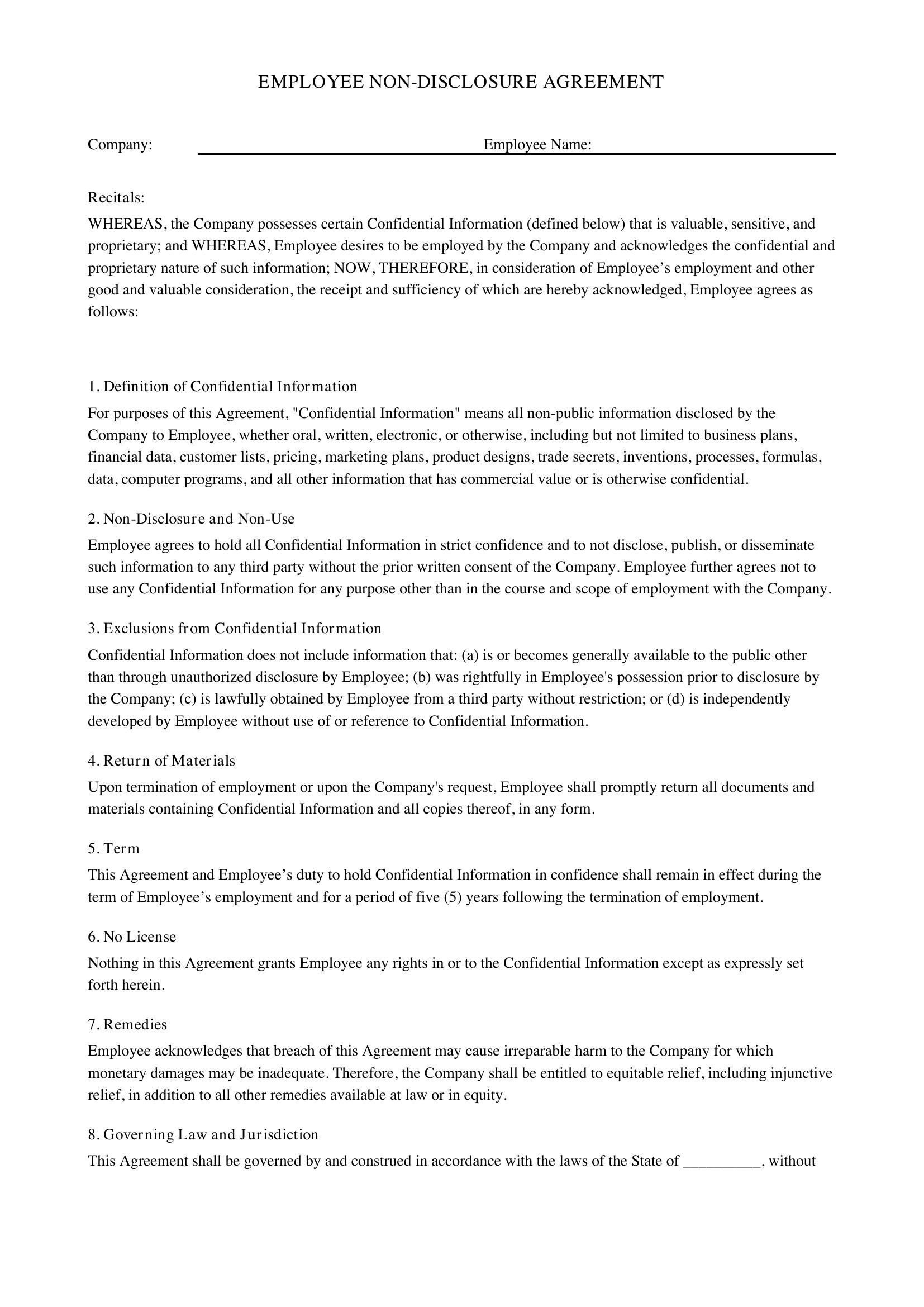 Employee Non Disclosure Agreement Template