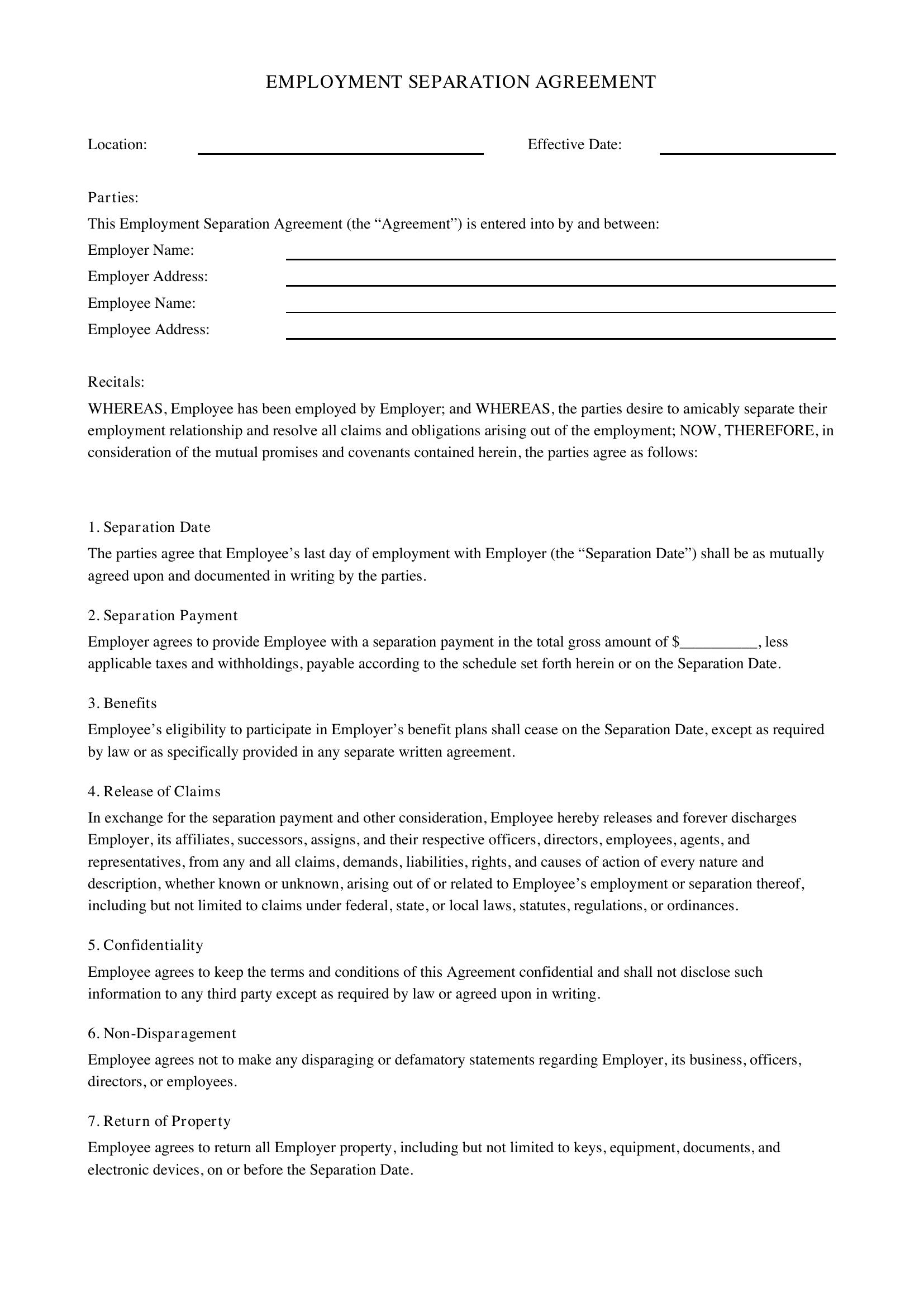 Employment Separation Agreement Template